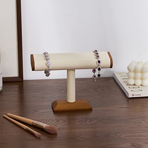 Oirlv Solid Wood T-Bar Watch Display Stand Jewelry Organizer Holder for Watch Bracelet Countertop Table Top Jewelry Tower(Creamy-white)