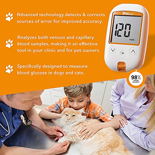 iPet PRO Blood Glucose Monitoring System Designed for Dogs & Cats| Includes Meter, 2 AA Batteries, User Guide, Log Book, 25 Test Strips, Control Solution, Lancing Device, 30 28G Lancets, Carrying Case