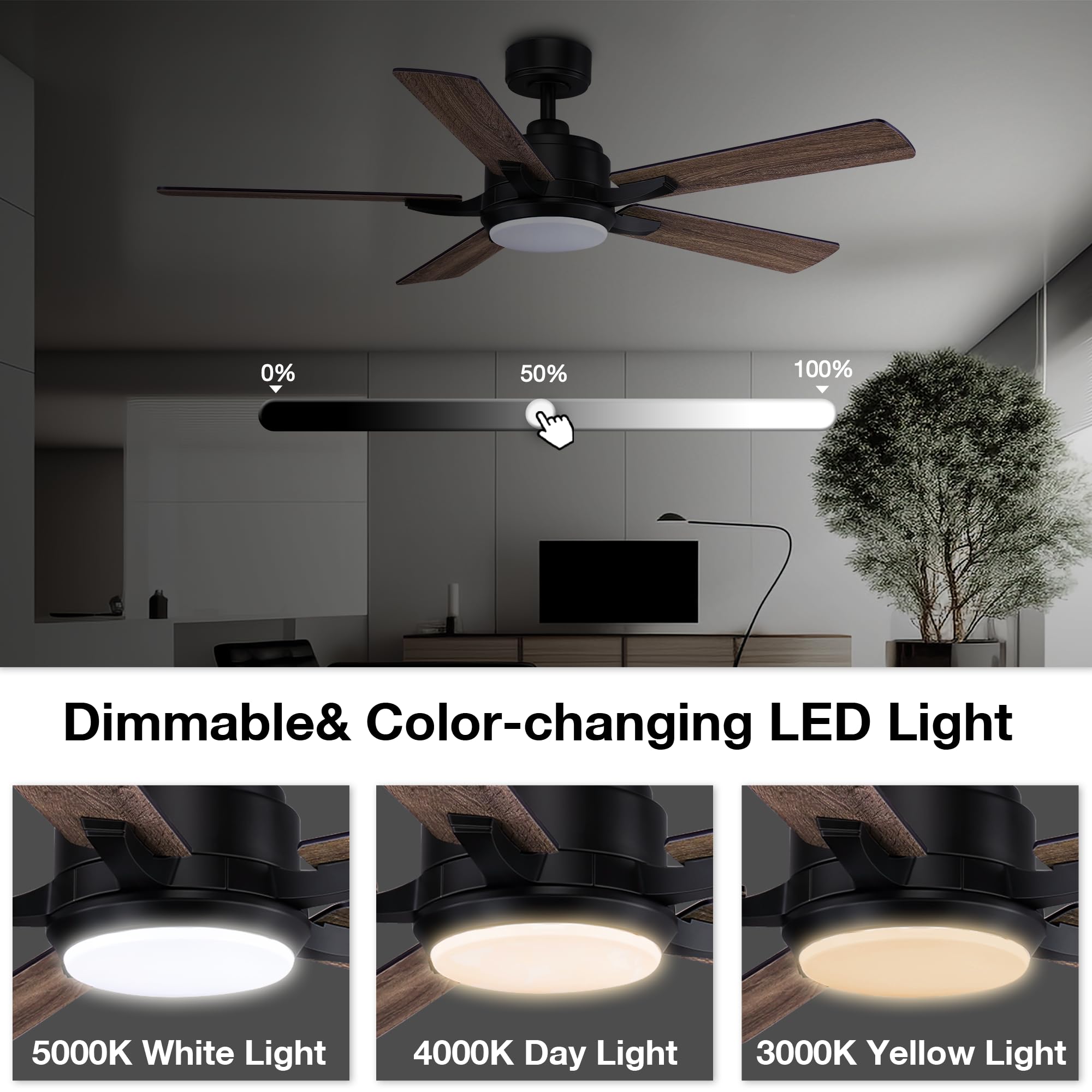 cumilo 52” Smart Ceiling Fanswith Lights Remote Control,Quiet DC Motor,Outdoor Indoor Modern Farmhouse Ceiling Fan work with Alexa App,Dimmable LED Light,Black/Brown for Bedroom Living Room Patio