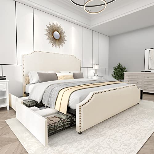 AMERLIFE Queen Size Bed Frame with 4 Storage Drawers and Headboard, Queen Velvet Upholstered Platform Bed with Rivet Curved Adjustable Headboard/Strong Wooden Slats/Easy Assembly/Cream