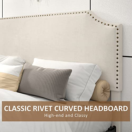 AMERLIFE Queen Size Bed Frame with 4 Storage Drawers and Headboard, Queen Velvet Upholstered Platform Bed with Rivet Curved Adjustable Headboard/Strong Wooden Slats/Easy Assembly/Cream