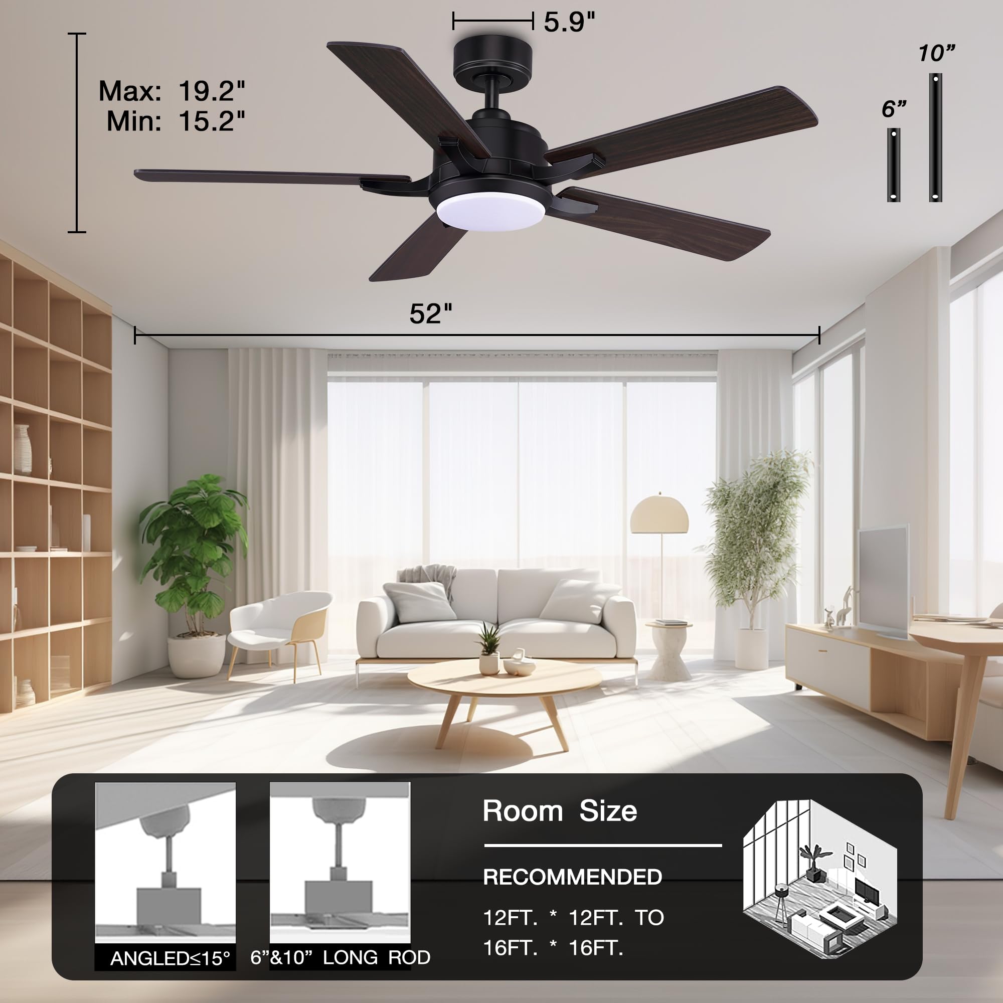 cumilo 52” Smart Ceiling Fanswith Lights Remote Control,Quiet DC Motor,Outdoor Indoor Modern Farmhouse Ceiling Fan work with Alexa App,Dimmable LED Light,Black/Brown for Bedroom Living Room Patio