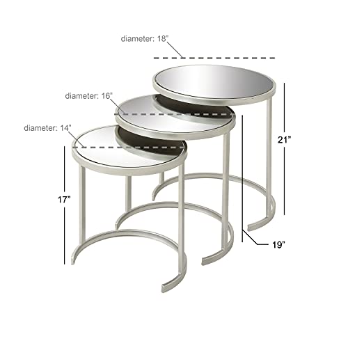 Deco 79 Metal Nesting Accent Table with Mirrored Glass Top, Set of 3 21", 19", 17"H, Silver