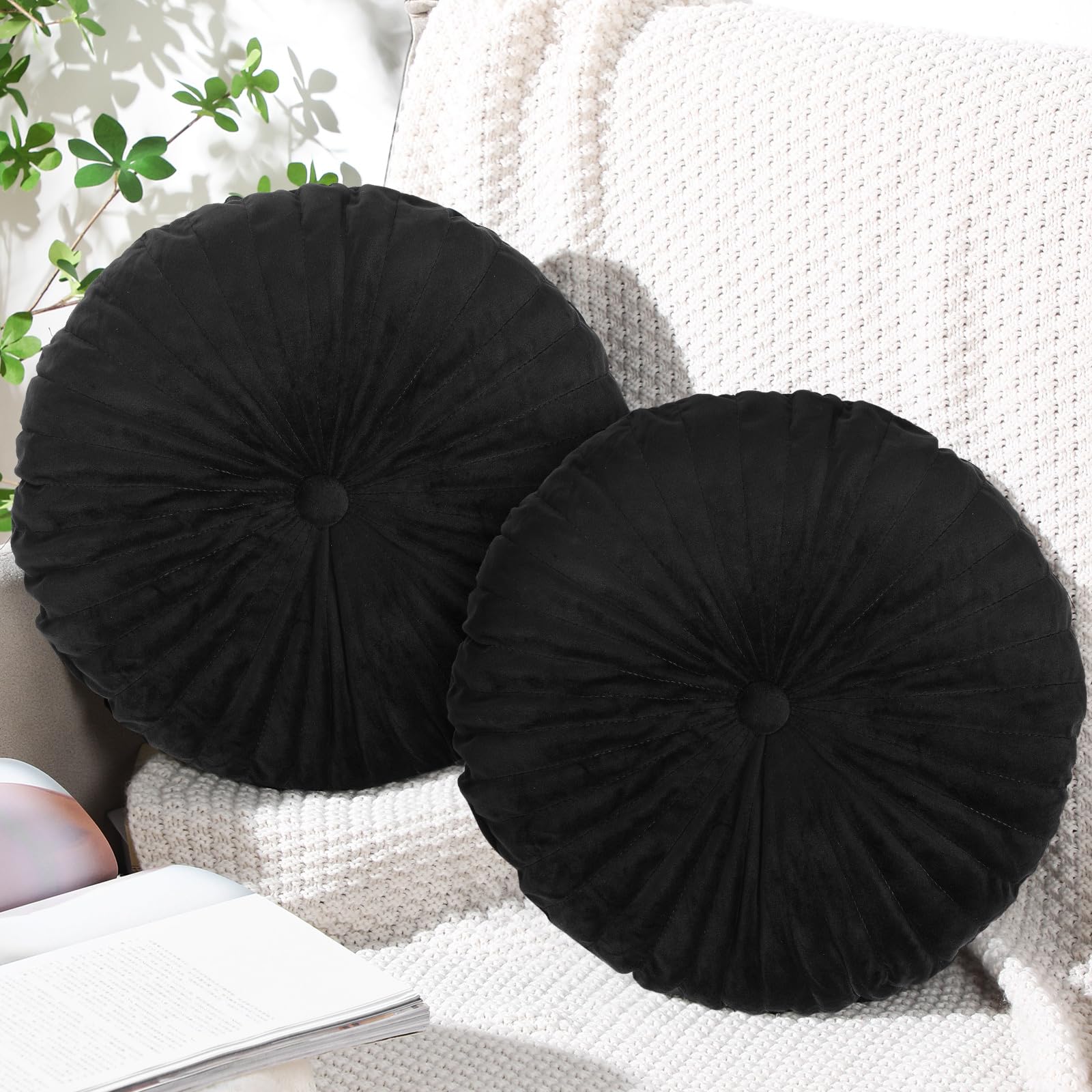 Namalu Round Throw Pillow 13.8 Inch Decorative Round Velvet Floor Pillows Small Pumpkin Throw Cushion for Living Room Sofa Bed(Black,2 Pcs)
