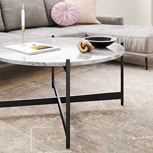 Nathan James Piper Faux White Marble Round Modern Living Accent Side or Coffee, Sofa Center for Dining Room/Tea with Metal Frame, Black