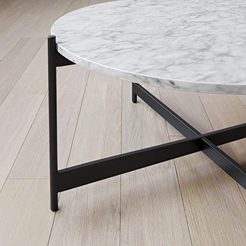 Nathan James Piper Faux White Marble Round Modern Living Accent Side or Coffee, Sofa Center for Dining Room/Tea with Metal Frame, Black