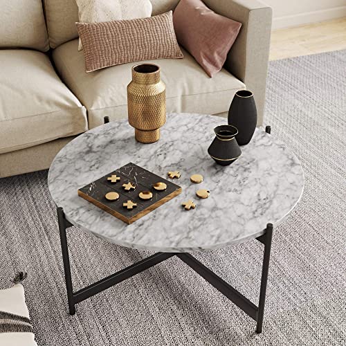 Nathan James Piper Faux White Marble Round Modern Living Accent Side or Coffee, Sofa Center for Dining Room/Tea with Metal Frame, Black
