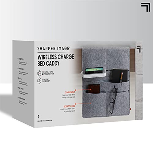 Sharper Image Wireless Qi-Charging Bed Caddy, Soft Fabric Organizing Pockets with Phone Shelf and Universal Bed Attachment