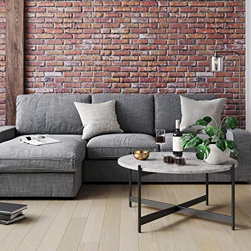 Nathan James Piper Faux White Marble Round Modern Living Accent Side or Coffee, Sofa Center for Dining Room/Tea with Metal Frame, Black