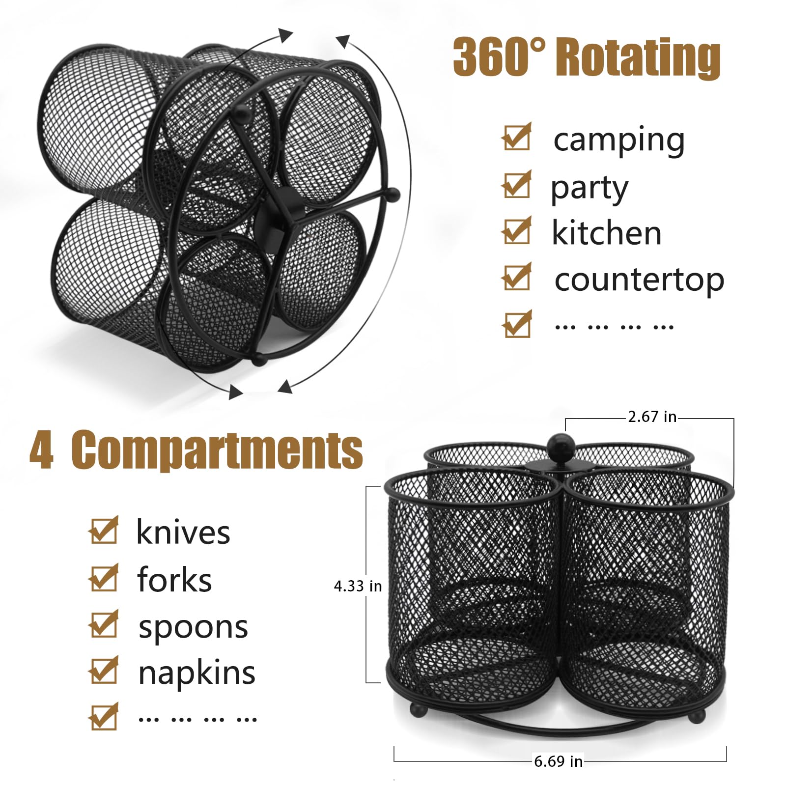 DysanVica Silverware Holder Utensil Caddy - 360° Rotating Silverware Caddy 4 Compartment Metal Cutlery Organizer Fork Spoon Napkin Plastic Flatware Storage Basket Party Countertop Picnic Outdoor Black