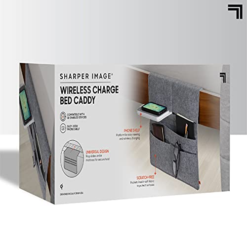 Sharper Image Wireless Qi-Charging Bed Caddy, Soft Fabric Organizing Pockets with Phone Shelf and Universal Bed Attachment