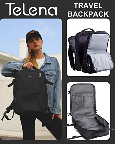 Telena Travel Backpack for Women Large Carry On Backpack Airline Approved Personal Item Backpack with USB Charging Port Waterproof Casual Bag, Black
