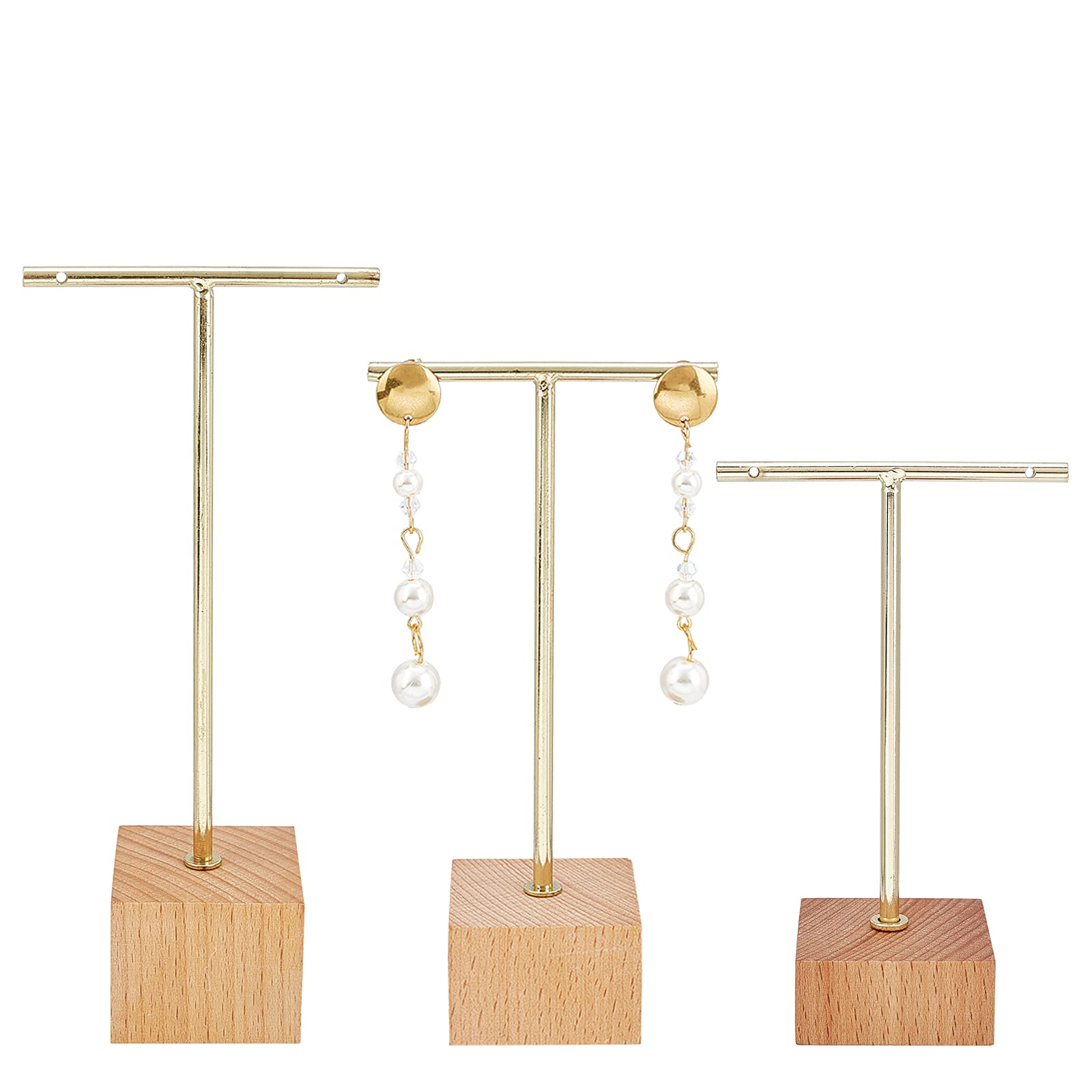 FINGERINSPIRE 3 Pcs Gold Metal T Bar Earring Display Stand 6.3/5.5/4.5 Inch Height Jewelry Stand with Wooden Square Base Earring Hanging Holders Jewelry Organizer for Store Retail Photography Props