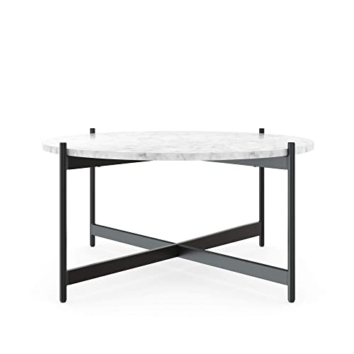 Nathan James Piper Faux White Marble Round Modern Living Accent Side or Coffee, Sofa Center for Dining Room/Tea with Metal Frame, Black