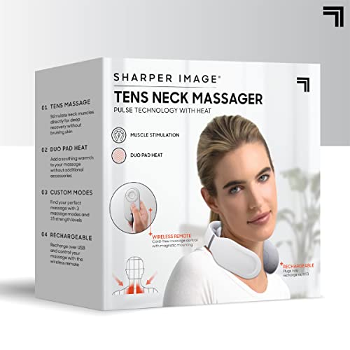 Sharper Image Neck Tens Muscle Stimulator with Soothing Heat & Wireless Remote, Pain Relief Therapy with 3 Massage Modes & 15 Intensity Levels, USB Rechargeable, 4 Hour Battery Life