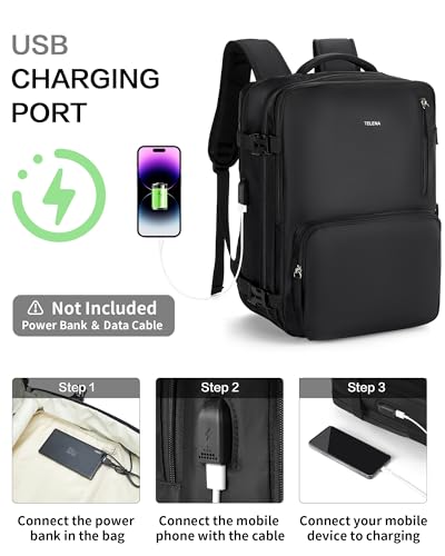 Telena Travel Backpack for Women Large Carry On Backpack Airline Approved Personal Item Backpack with USB Charging Port Waterproof Casual Bag, Black