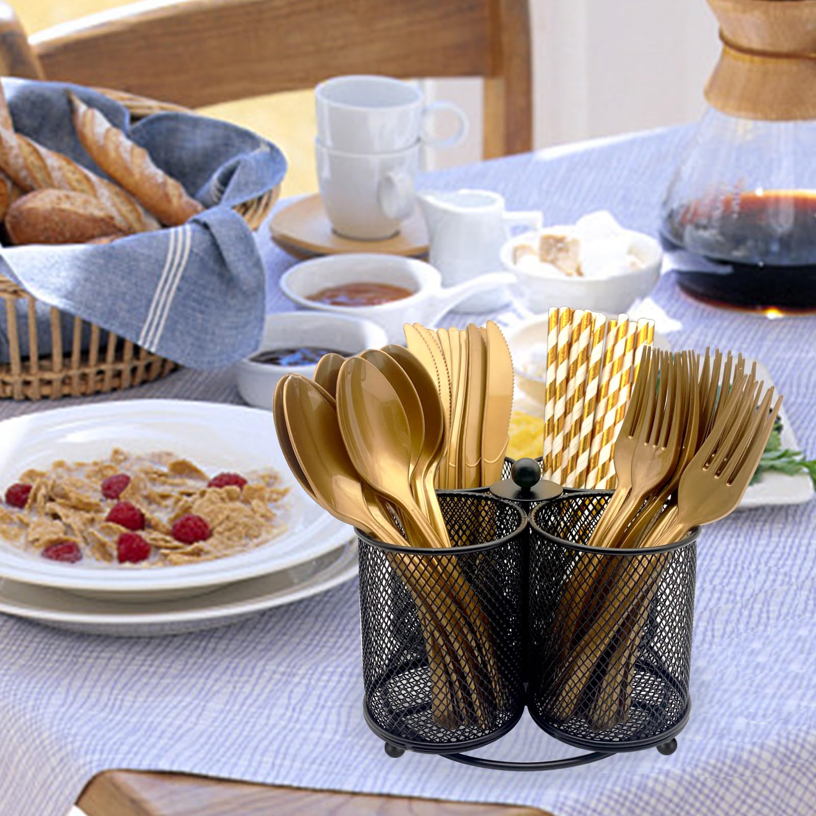 DysanVica Silverware Holder Utensil Caddy - 360° Rotating Silverware Caddy 4 Compartment Metal Cutlery Organizer Fork Spoon Napkin Plastic Flatware Storage Basket Party Countertop Picnic Outdoor Black