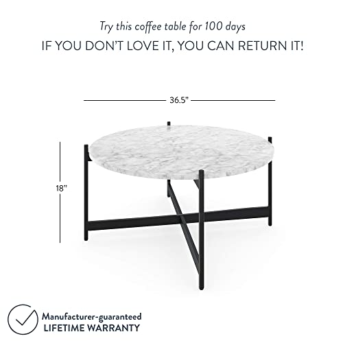 Nathan James Piper Faux White Marble Round Modern Living Accent Side or Coffee, Sofa Center for Dining Room/Tea with Metal Frame, Black