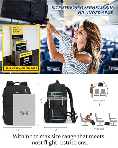 Telena Travel Backpack for Women Large Carry On Backpack Airline Approved Personal Item Backpack with USB Charging Port Waterproof Casual Bag, Black