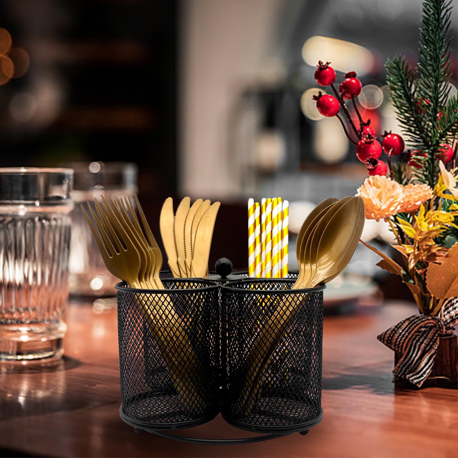 DysanVica Silverware Holder Utensil Caddy - 360° Rotating Silverware Caddy 4 Compartment Metal Cutlery Organizer Fork Spoon Napkin Plastic Flatware Storage Basket Party Countertop Picnic Outdoor Black