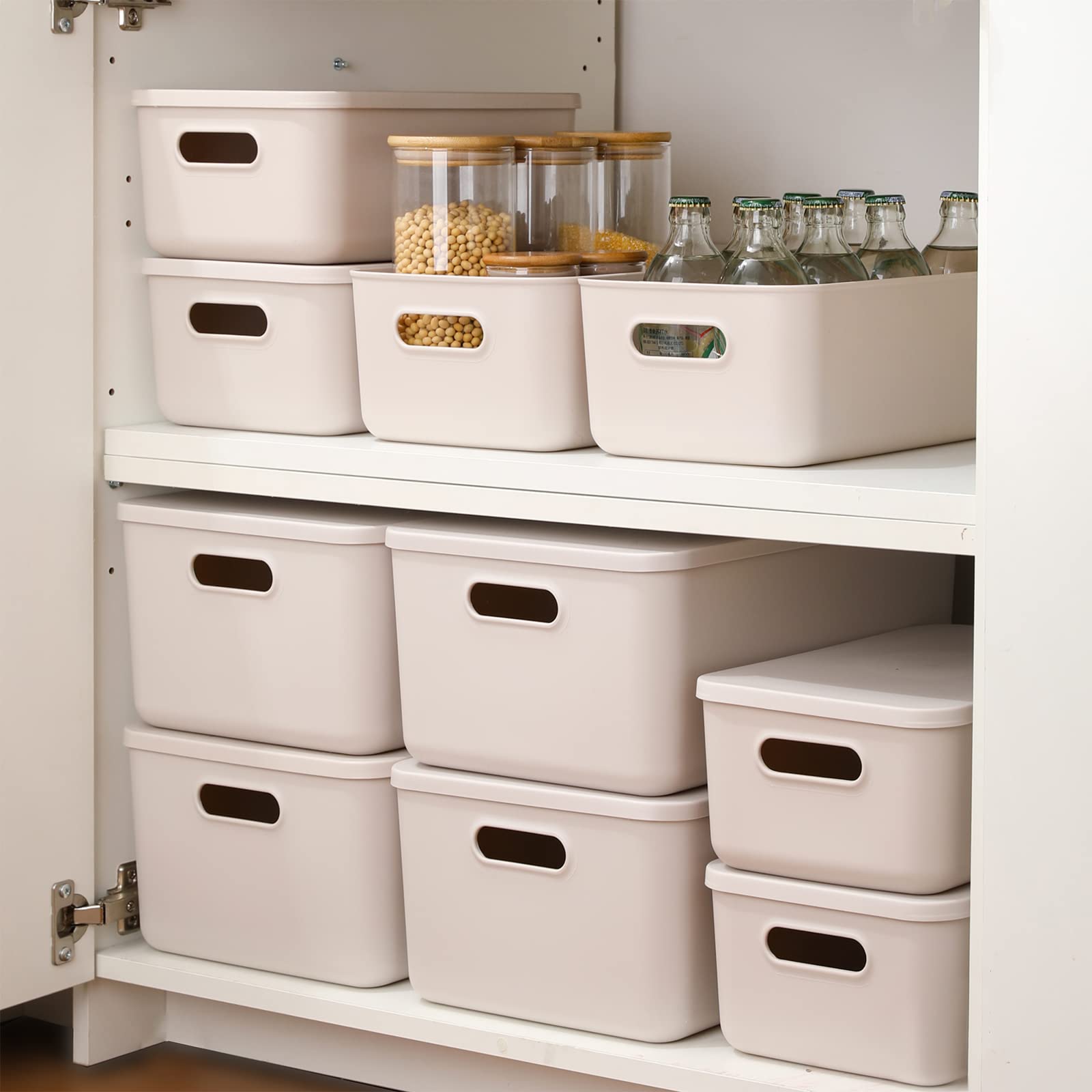 Yishyfier Plastic Storage Baskets With Lid Organizing Container Lidded Knit Storage Organizer Bins for Shelves Drawers Desktop Closet Playroom Classroom Office (M+2S, Light grey)