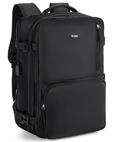 Telena Travel Backpack for Women Large Carry On Backpack Airline Approved Personal Item Backpack with USB Charging Port Waterproof Casual Bag, Black