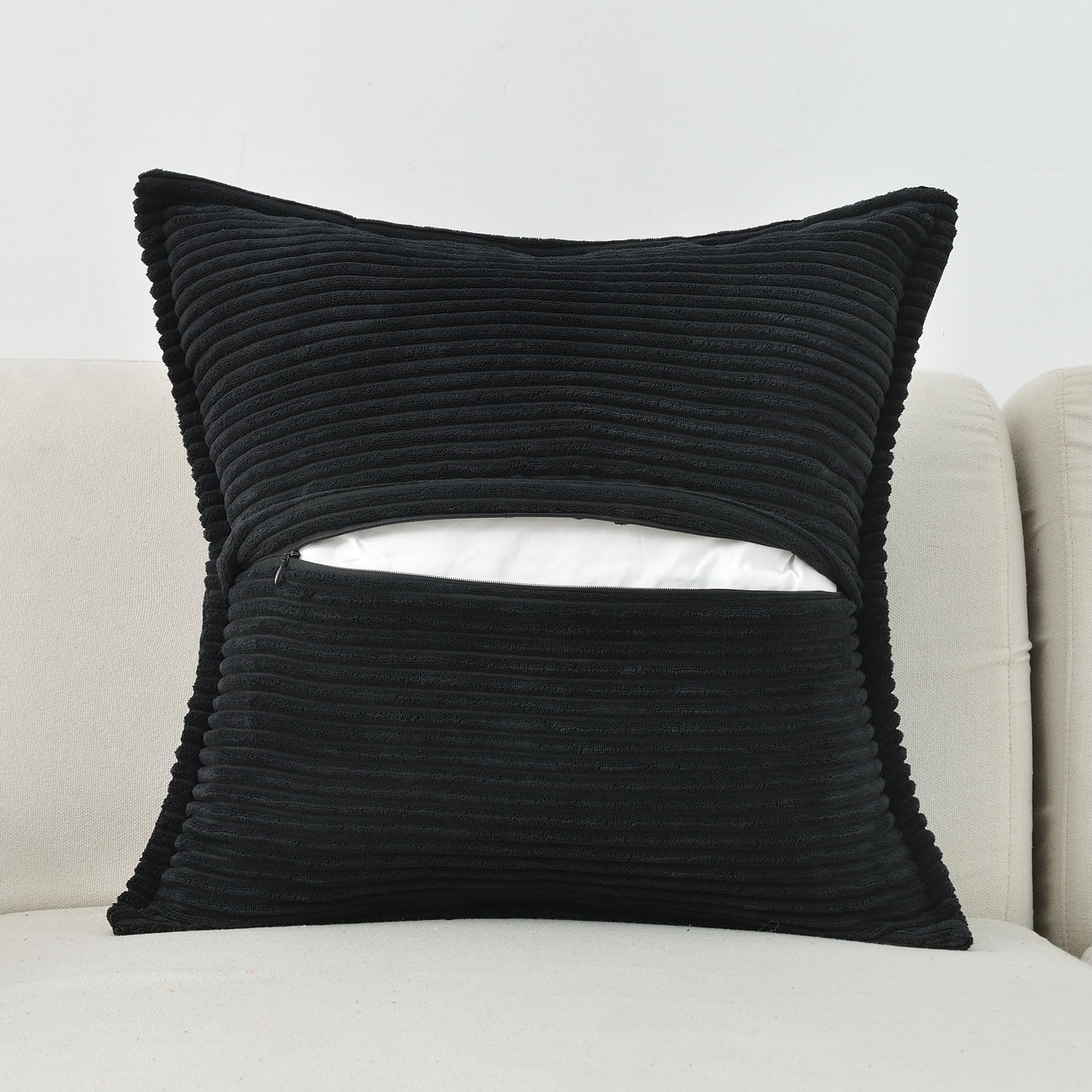 HAUSSY Black Throw Pillow Covers 22x22 Inch Set of 2, Soft Corduroy Solid Striped,Square Decorative Cushion Case,Winter Home Decorations for Couch,Bed