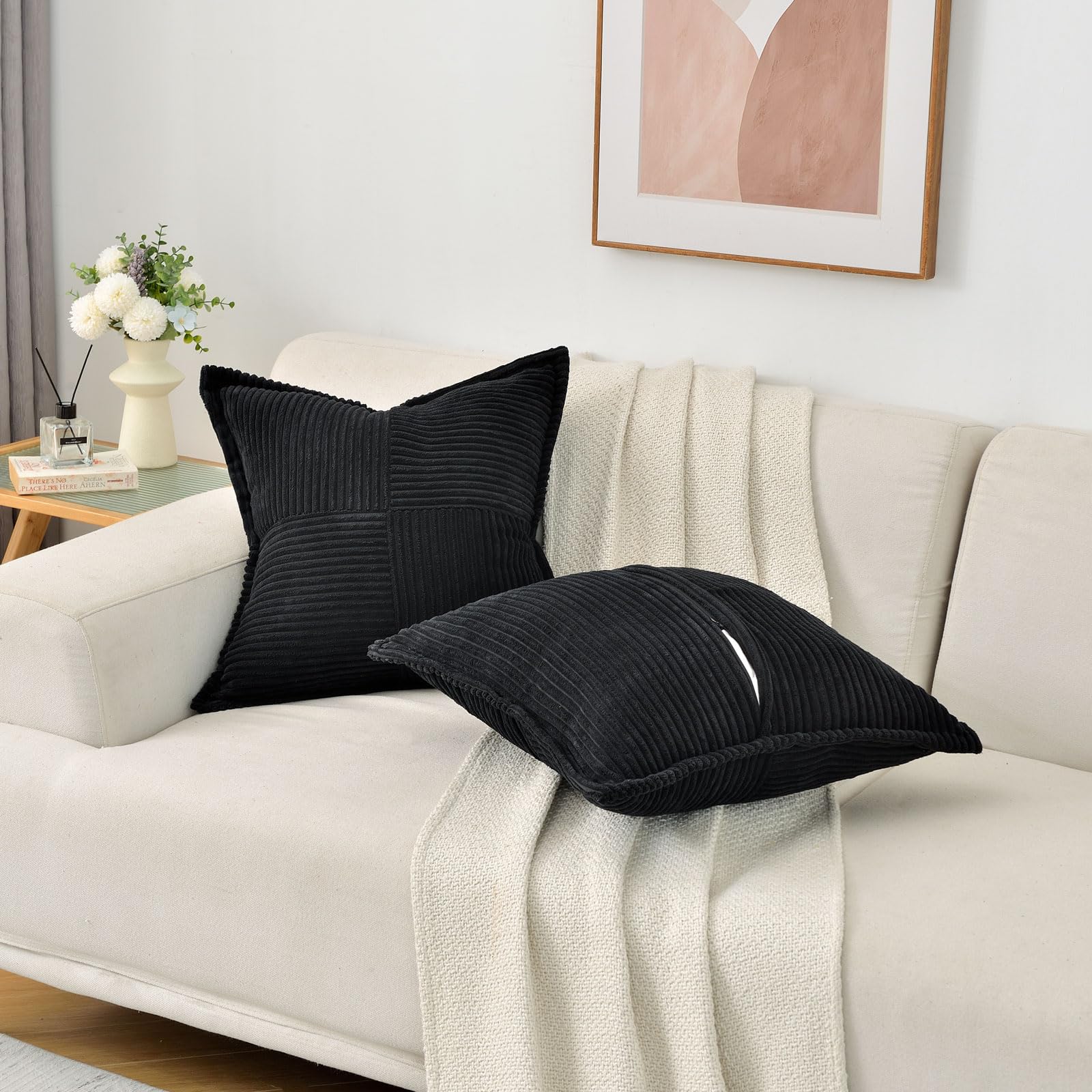 HAUSSY Black Throw Pillow Covers 22x22 Inch Set of 2, Soft Corduroy Solid Striped,Square Decorative Cushion Case,Winter Home Decorations for Couch,Bed