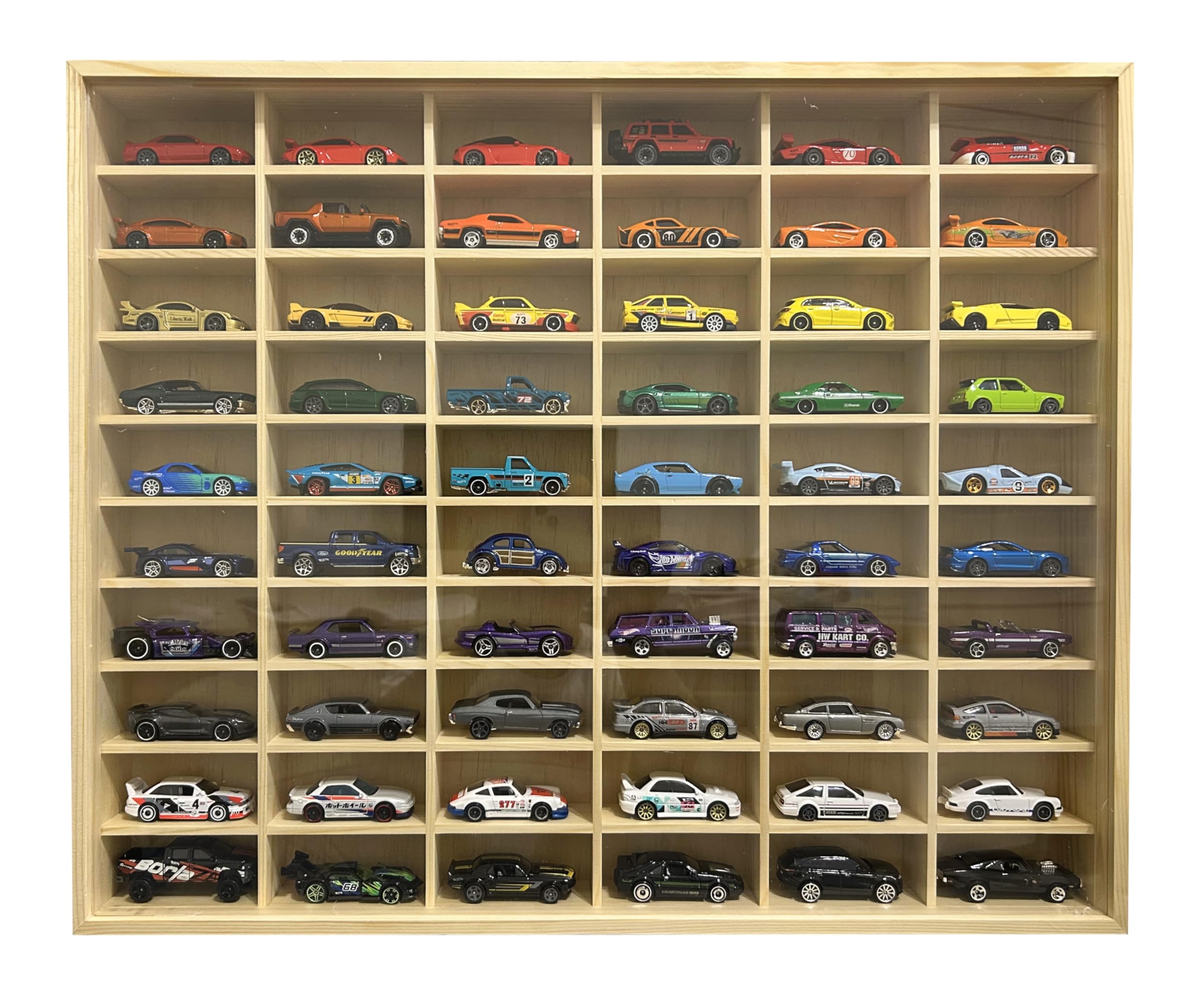 Wooden Wall Mount Display Case for Hot Wheels, with Dust Resistant Door, Matchbox 1/64 Scale Diecast Model Cars Display Storage Organizer Case, Stores up to 60 Cars