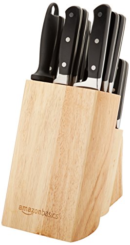 Amazon Basics 18-Piece Premium Kitchen Knife Block Set, High-Carbon Stainless Steel Blades with Pine Wood Knife Block