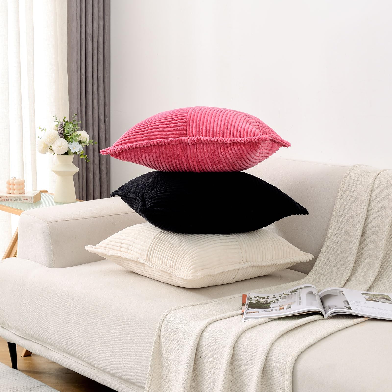 HAUSSY Black Throw Pillow Covers 22x22 Inch Set of 2, Soft Corduroy Solid Striped,Square Decorative Cushion Case,Winter Home Decorations for Couch,Bed