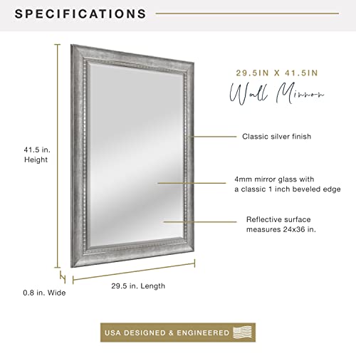 MCS 24x36 Inch Sloped Mirror with Dental Molding Detail, 29.5x41.5 Inch Overall Size, Silver (20565)