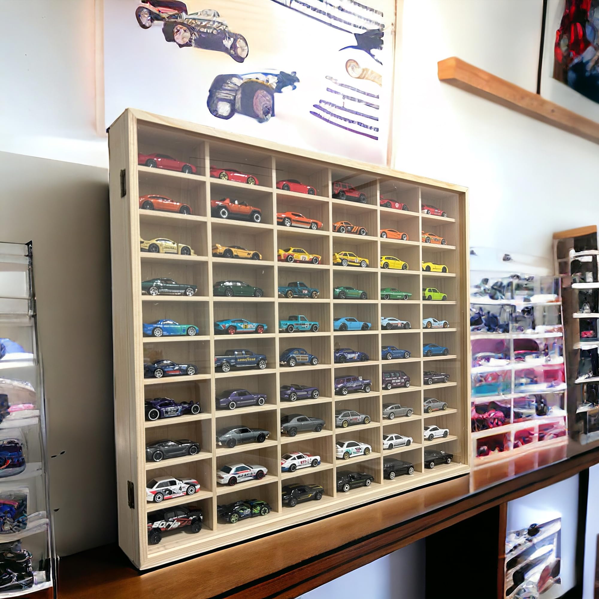 Wooden Wall Mount Display Case for Hot Wheels, with Dust Resistant Door, Matchbox 1/64 Scale Diecast Model Cars Display Storage Organizer Case, Stores up to 60 Cars