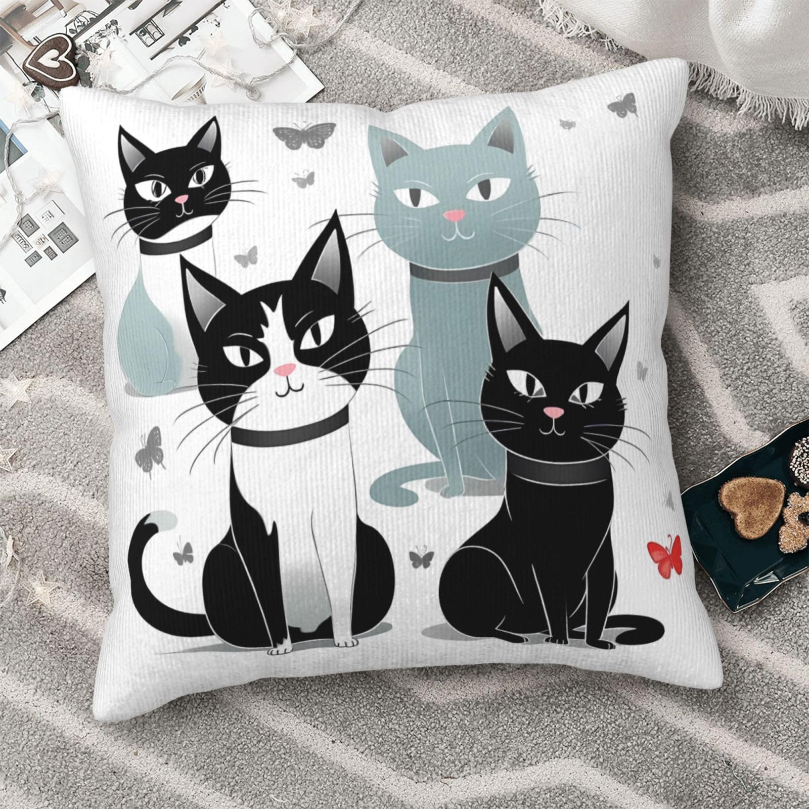 DOFFO Black and White Cats Printed Fall Throw Pillow Covers 16x16 Soft Corduroy Decorative Throw Pillows Covers Cushion Case for Spring Christmas Sofa Living Room Couch Bedroom