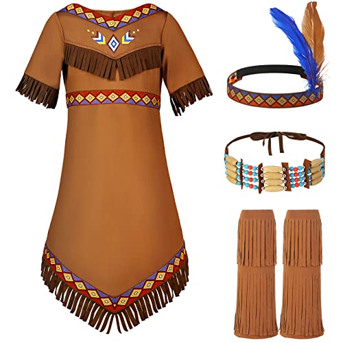 Boyiee 4 Pcs Mardi Gras Girl Native American Costume Set Indian Native Princess Costume for Carnival Halloween Cosplay Party (L)