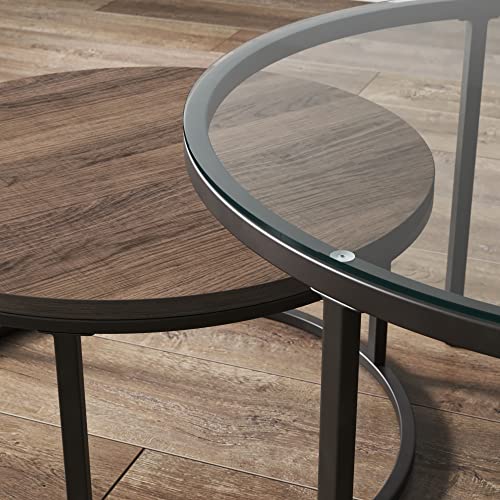 Nathan James Stella Round Modern Nesting Coffee Set of 2, Stacking Living Room Accent Tables, Rustic Oak/Gunmetal/Clear Glass