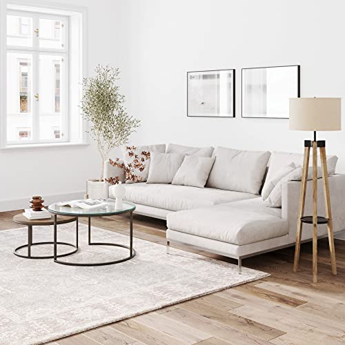 Nathan James Stella Round Modern Nesting Coffee Set of 2, Stacking Living Room Accent Tables, Rustic Oak/Gunmetal/Clear Glass