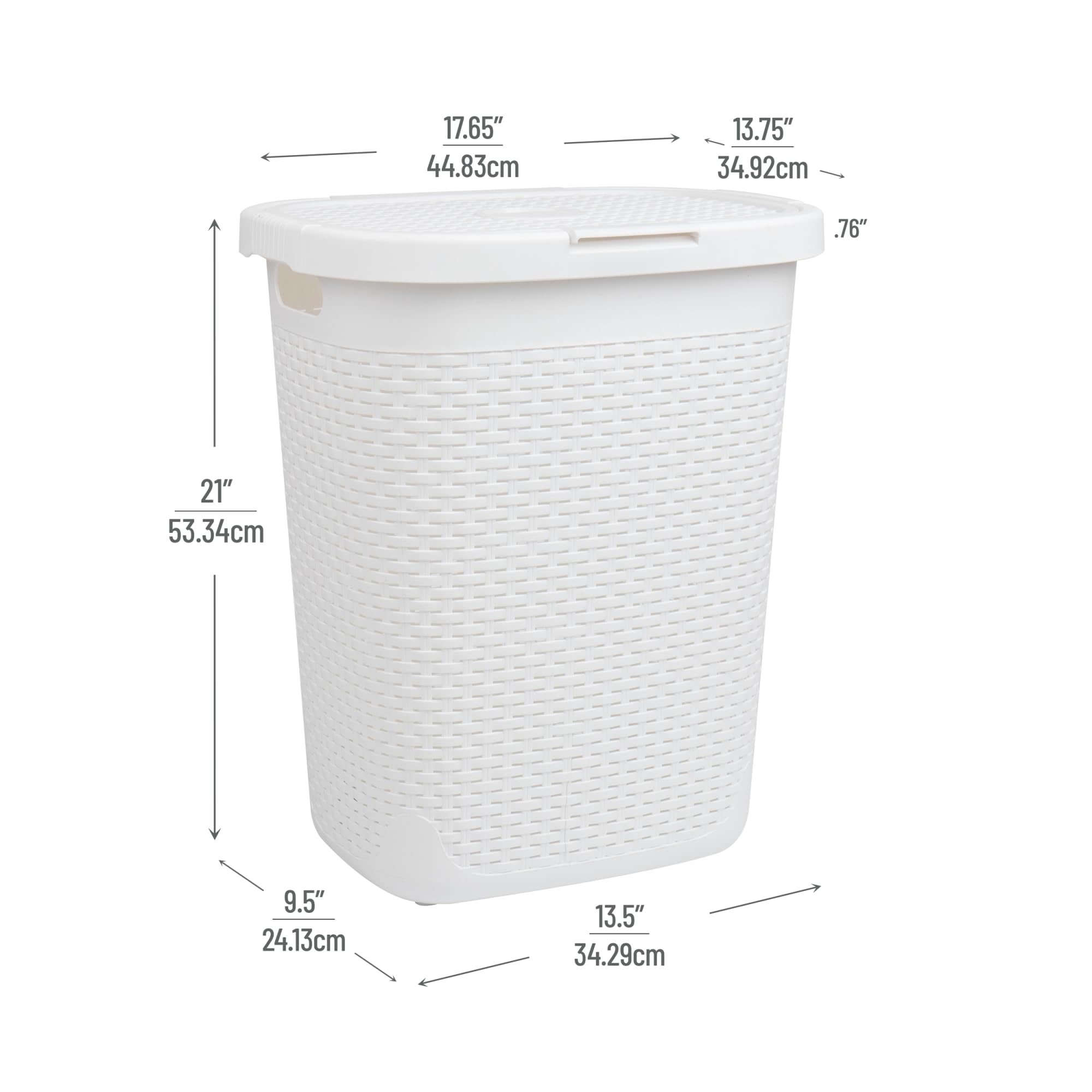 Mind Reader 50L Slim Laundry Hamper, Clothes Basket, Lid, Wicker Design, Plastic, 17.65"L x 13.75"W x 21"H, White