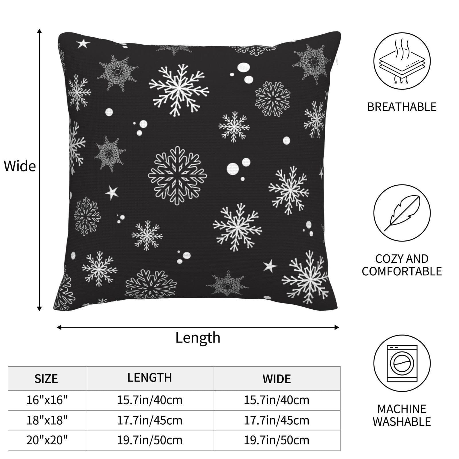 ChangQingArt White Christmas Winter Snowflakes Throw Pillow Covers,Black Decorative Pillow Covers Digital Printing Blended Fabric for Couch Sofa Bed Invisible Zipper 16X16 in