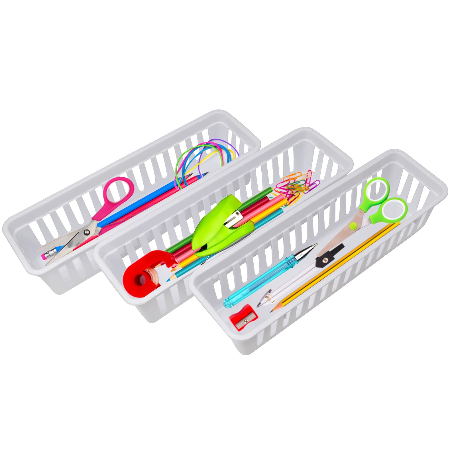 FEOOWV Classroom Pencil or Rubber Organizer Basket Trays, Office Supply Baskets Organization Trays for Home School Classroom Office 12 Pack (White)