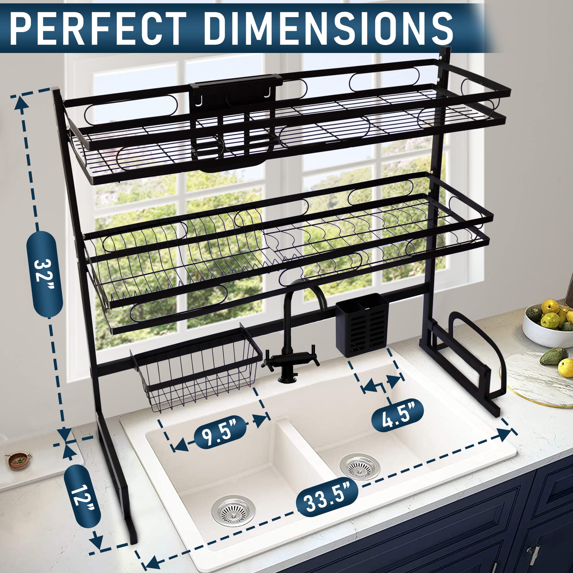 Ecomerr Over The Sink Dish Drying Rack (25.6" to 37.4" L) Adjustable - 3 Tier Stainless Steel Over The Sink Dish Rack with Sink Caddy, Utensil & Cutting Board Holder - Kitchen Counter Space Saver
