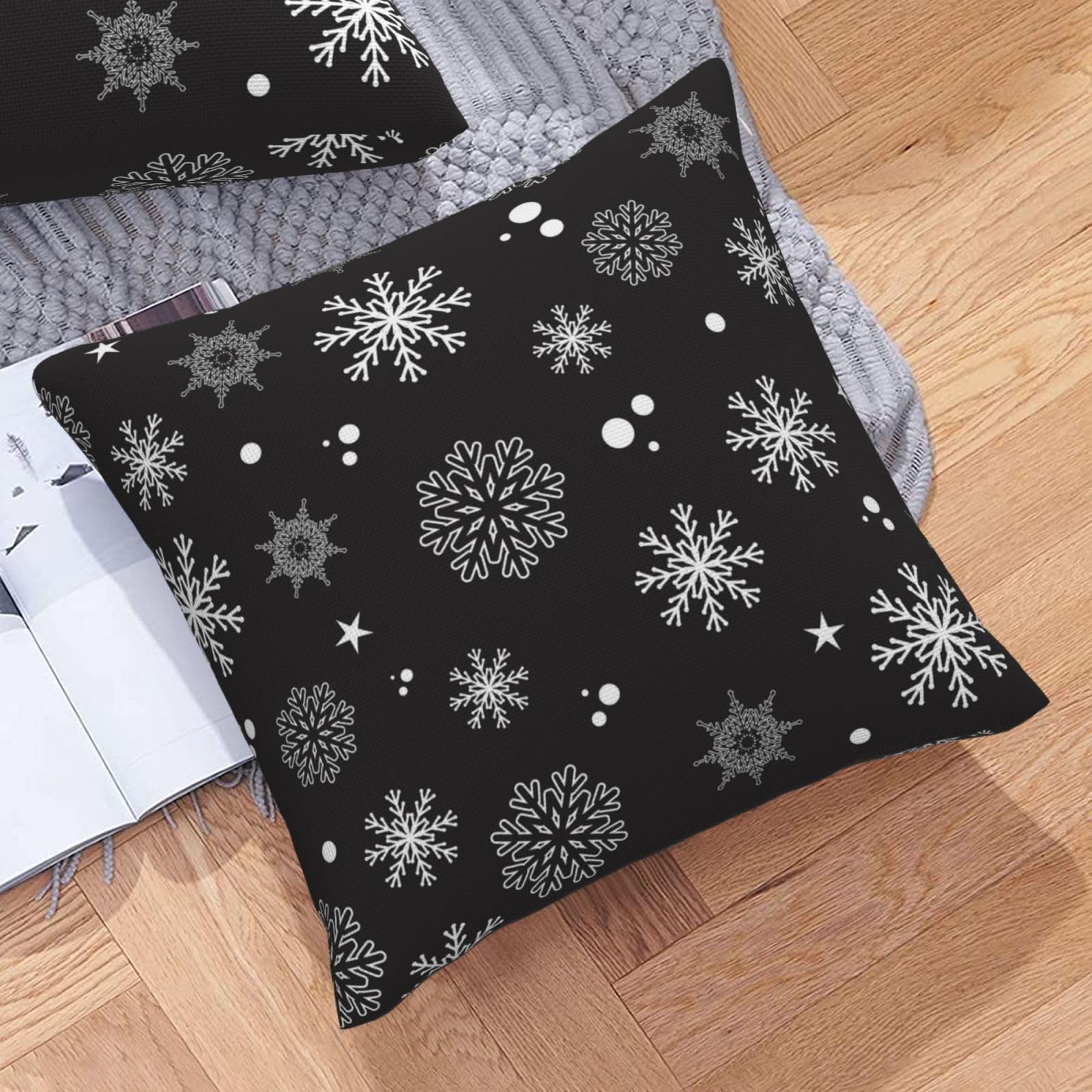 ChangQingArt White Christmas Winter Snowflakes Throw Pillow Covers,Black Decorative Pillow Covers Digital Printing Blended Fabric for Couch Sofa Bed Invisible Zipper 16X16 in