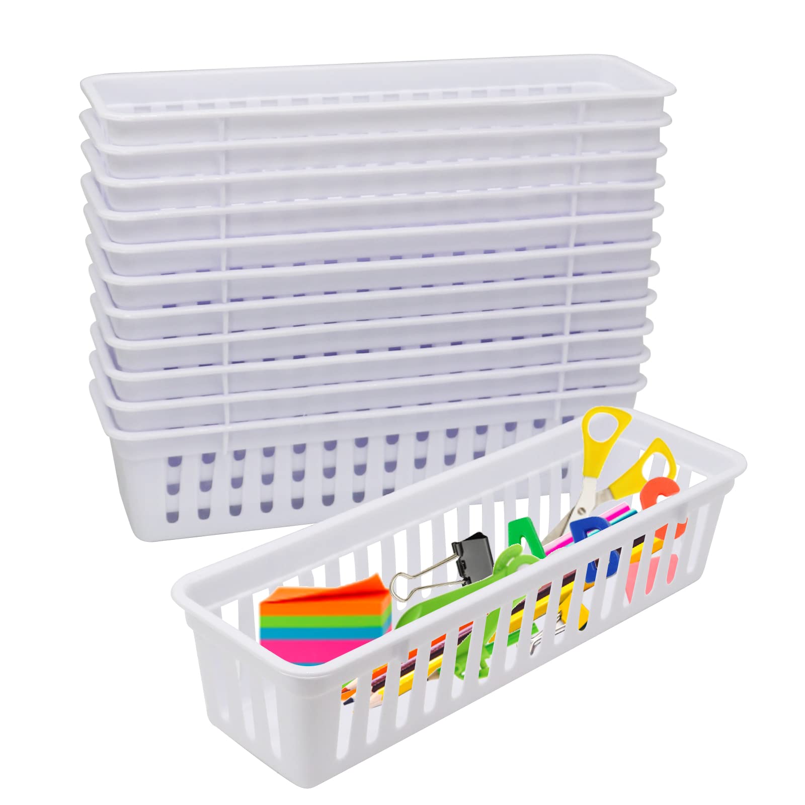 FEOOWV Classroom Pencil or Rubber Organizer Basket Trays, Office Supply Baskets Organization Trays for Home School Classroom Office 12 Pack (White)