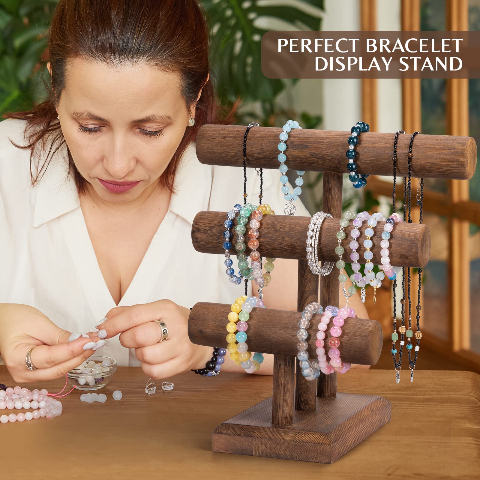 IRIIJANE 3-Tier Bracelet Holder Stand Display Wooden T-Bar Bracelets Holder Organizer for Displays, Storage Stand Tower for Bangle