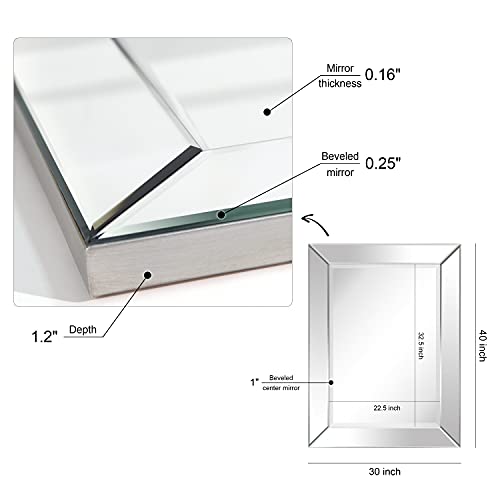 Empire Art Direct Solid Wood Frame Wall Mirror Covered with Beveled Mirror Panels, 1"-beveled Center Mirror, Vanity, Bathroom, Living Room & Bedroom, 40" x 30", Ready to Hang