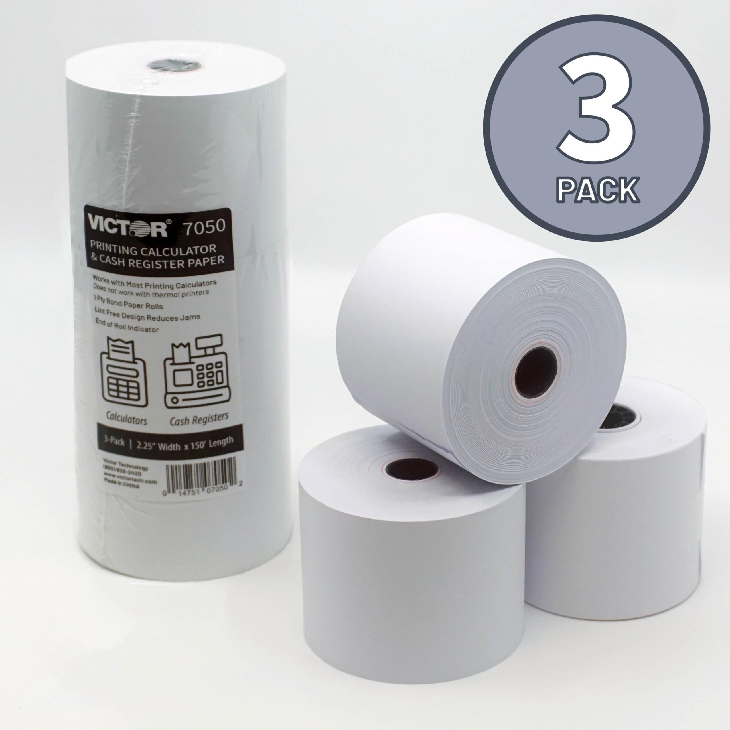 Victor 7050 Compact White Paper Rolls for Handheld and Portable Printing Calculators/Adding Machines/Ink Print Cash Registers 2.25β W x 150' FT (3-Pack)