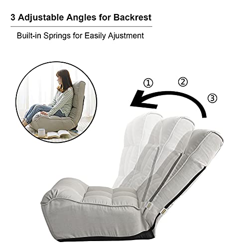 Indoor Chaise Lounge Chair, 3 Angles Adjustable Floor Chair, Folding Lazy Sofa Couch for Teens and Adults, Cushion Padded Comfy Chair for Living Room and Bedroom (Light Grey)