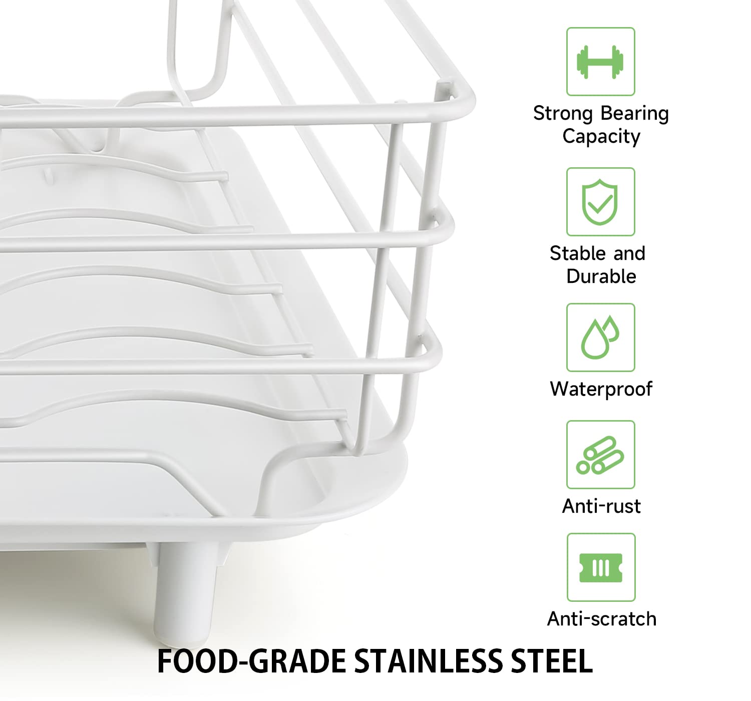 ideaglass Dish Drying Rack with Drainboard - 2 Tier Dish Racks for Kitchen Counter, Dish Drain Large, Stainless Steel Dish Strainer Set, White