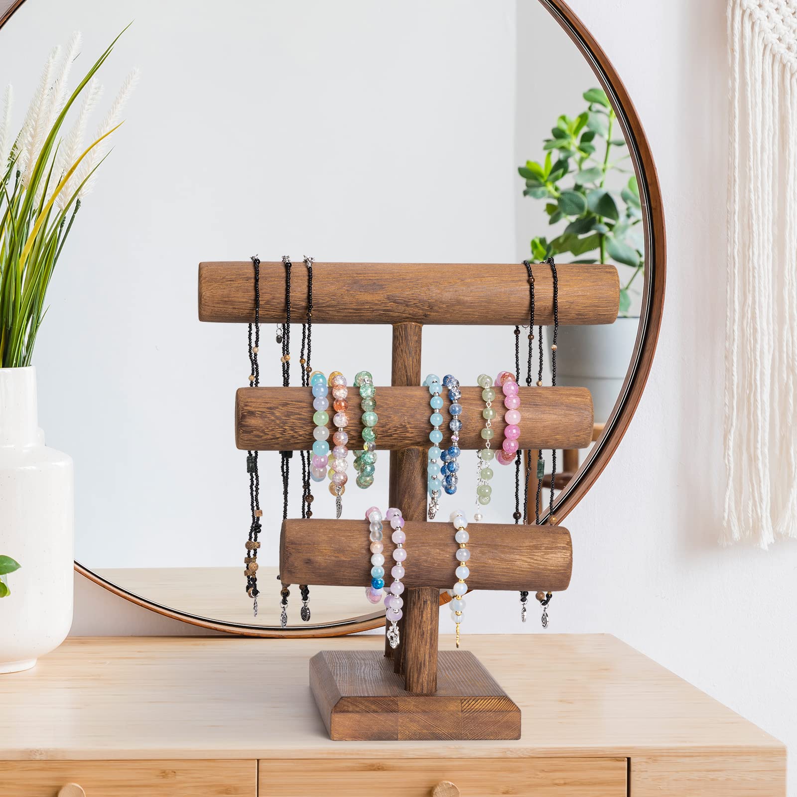 IRIIJANE 3-Tier Bracelet Holder Stand Display Wooden T-Bar Bracelets Holder Organizer for Displays, Storage Stand Tower for Bangle