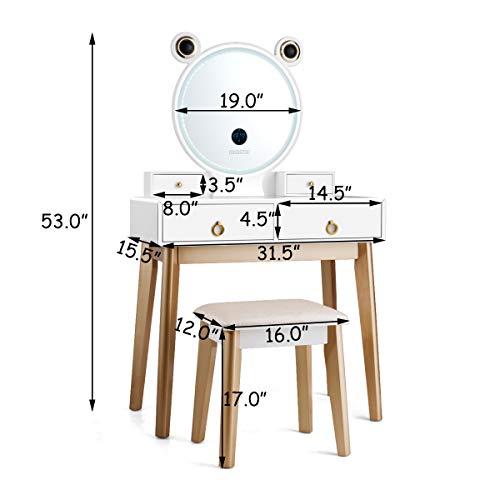 CHARMAID Vanity Set with Lighted Mirror, 3 Color Touch Screen Dimming Mirror with Display, 4 Drawers with Jewelry Organizer, Bedroom Makeup Dressing Table with Cushioned Stool